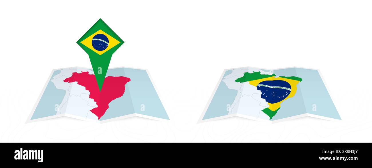 Two versions of an Brazil folded map, one with a pinned country flag ...