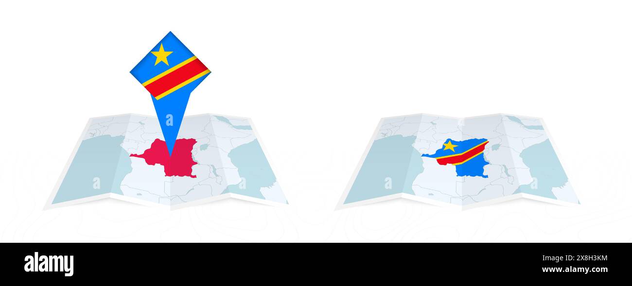 Two versions of an DR Congo folded map, one with a pinned country flag ...