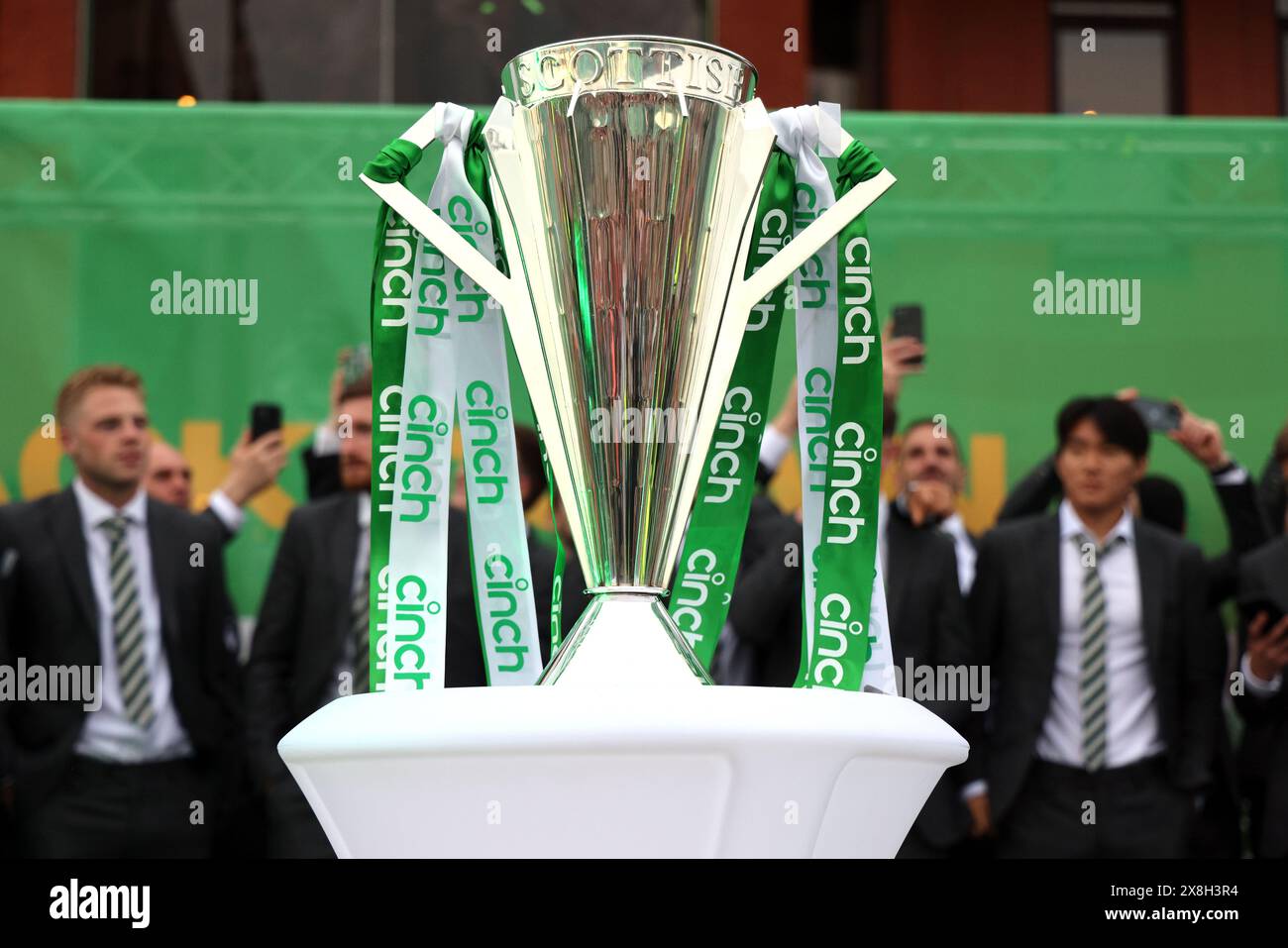 General view of the cinch Premiership trophy withe Celtic players ...