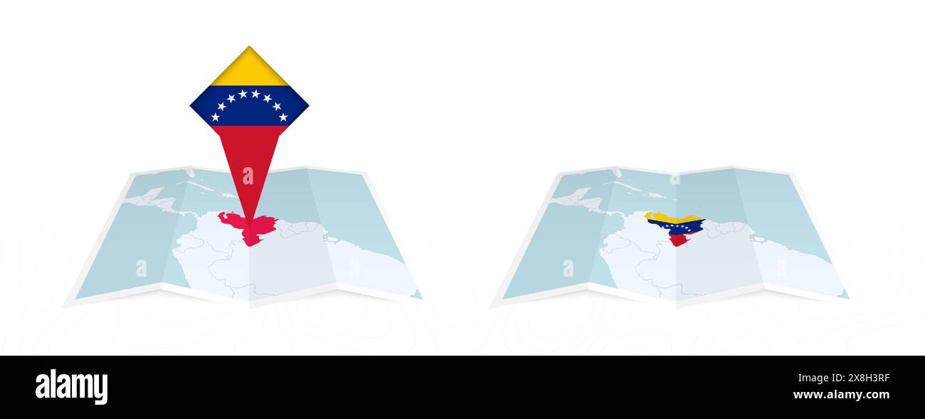 Two versions of an Venezuela folded map, one with a pinned country flag ...