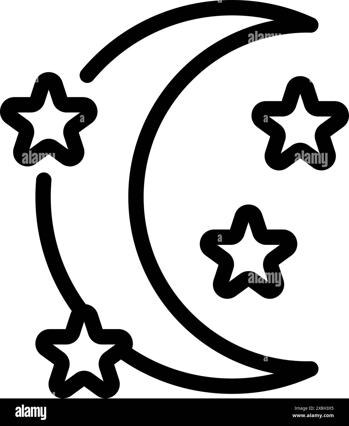 Monochrome line drawing of a crescent moon surrounded by stars, ideal ...