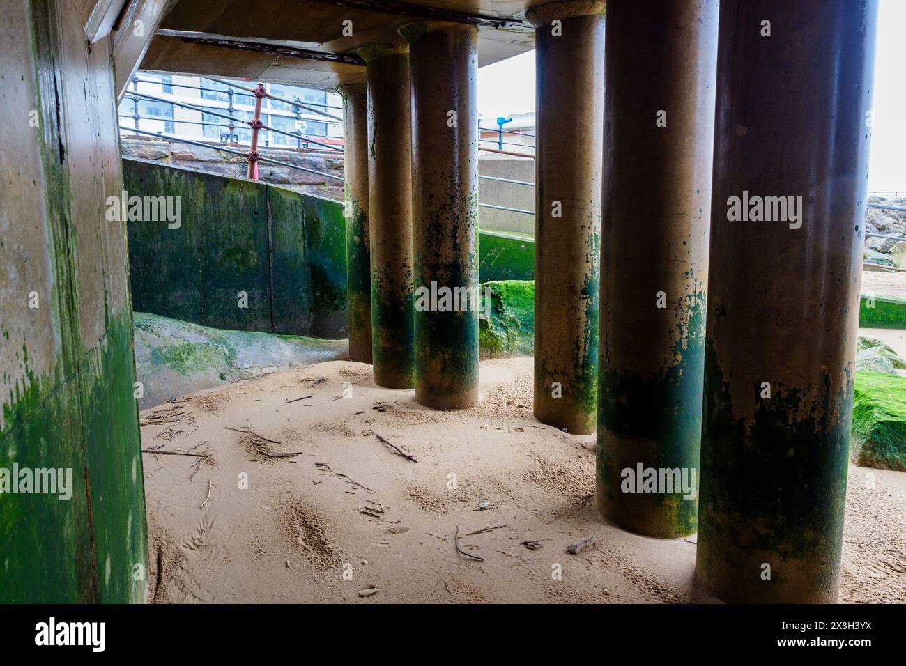 View under pier with concrete posts covered in green algae on a sandy ...