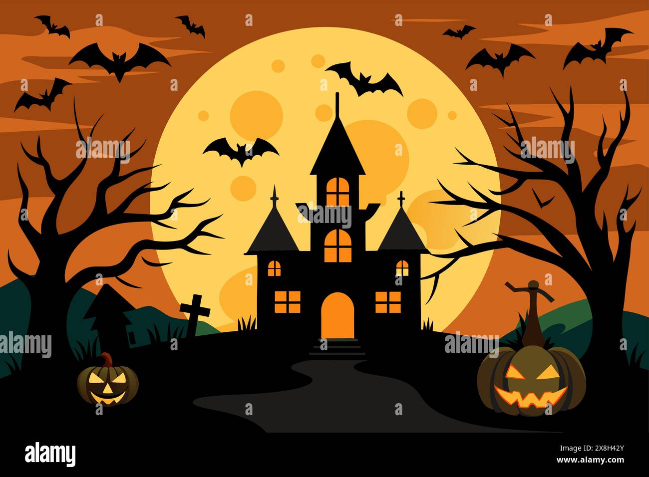 Spooky haunted house with bats and pumpkins on Halloween night. Creepy ...