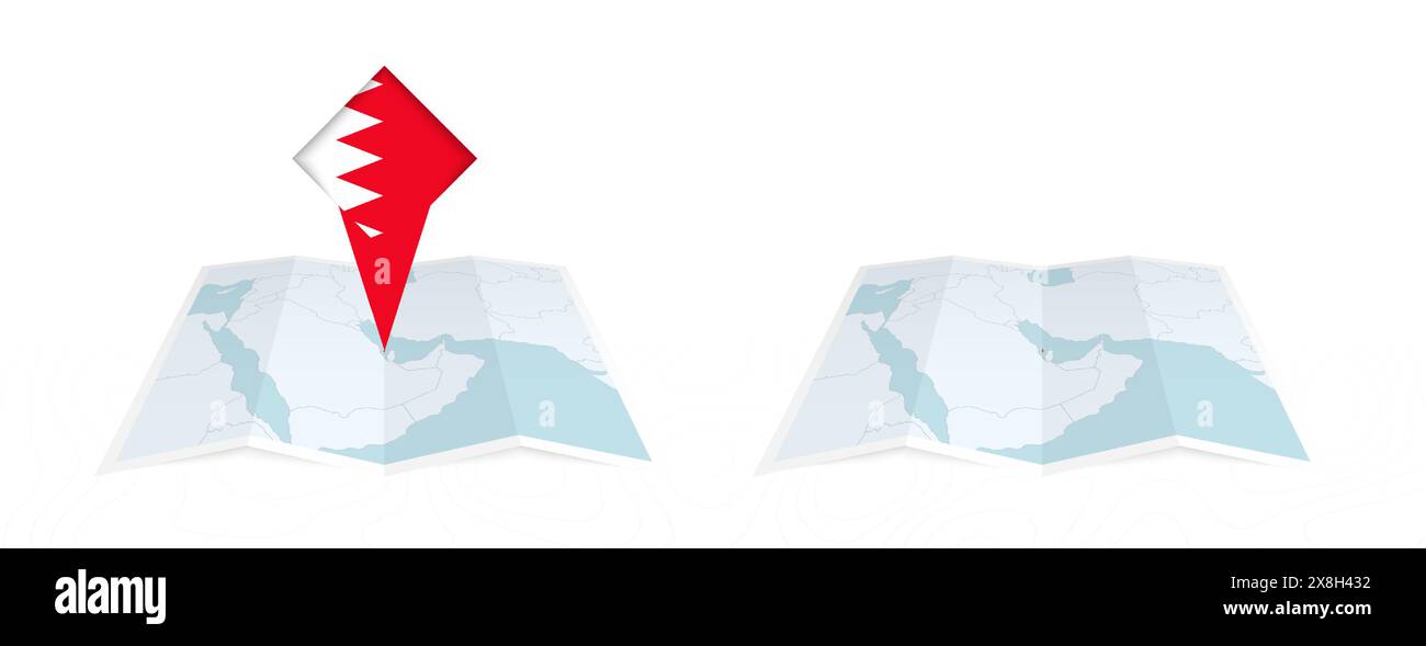 Two versions of an Bahrain folded map, one with a pinned country flag ...