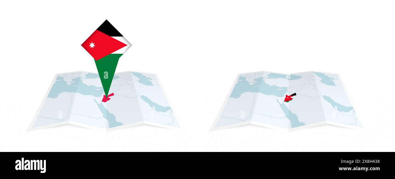 Two versions of an Jordan folded map, one with a pinned country flag ...