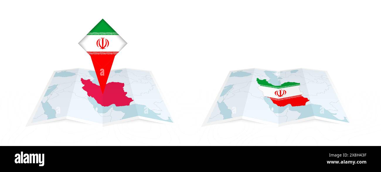 Two versions of an Iran folded map, one with a pinned country flag and ...