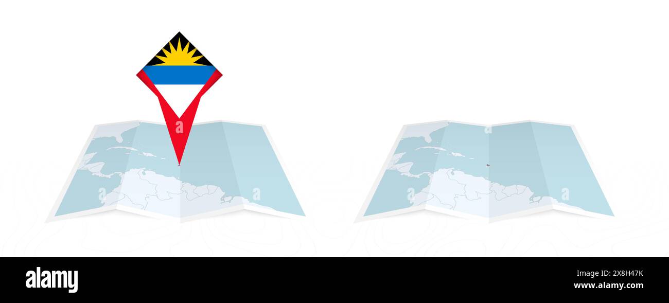 Two versions of an Antigua and Barbuda folded map, one with a pinned ...