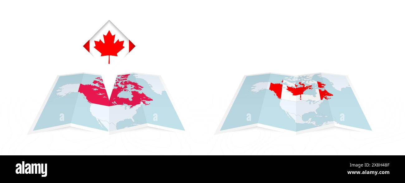 Two versions of an Canada folded map, one with a pinned country flag ...