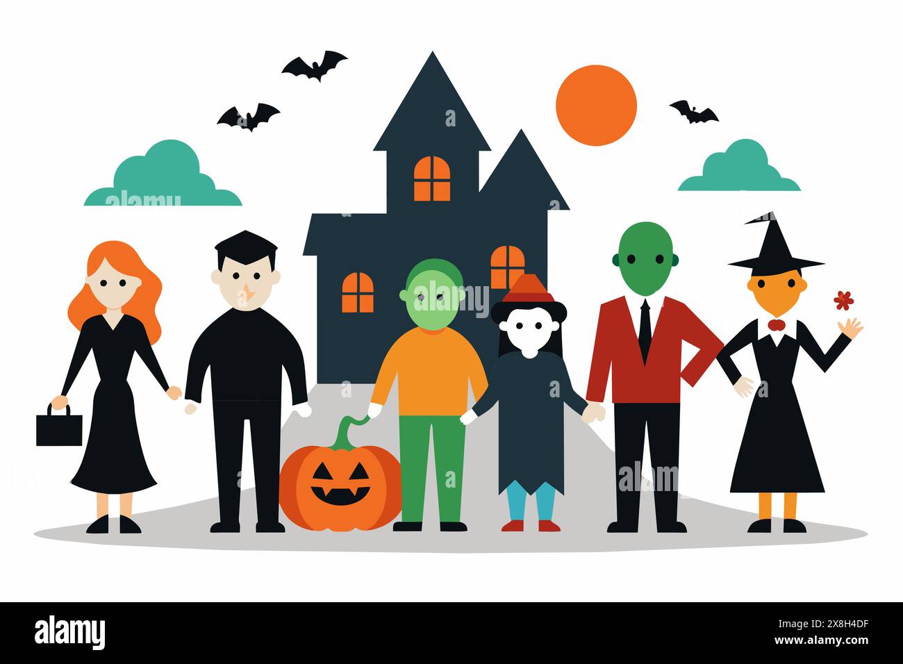 Cartoon illustration of a Halloween family in front of a haunted house ...