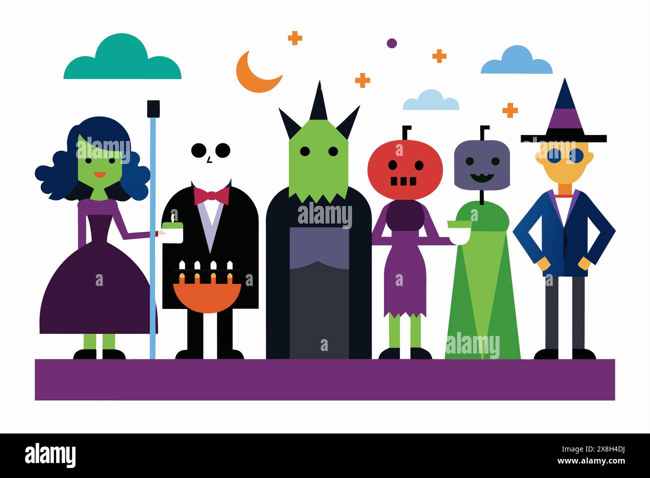 Cartoon Halloween characters including a witch, skeleton, monster, and ...
