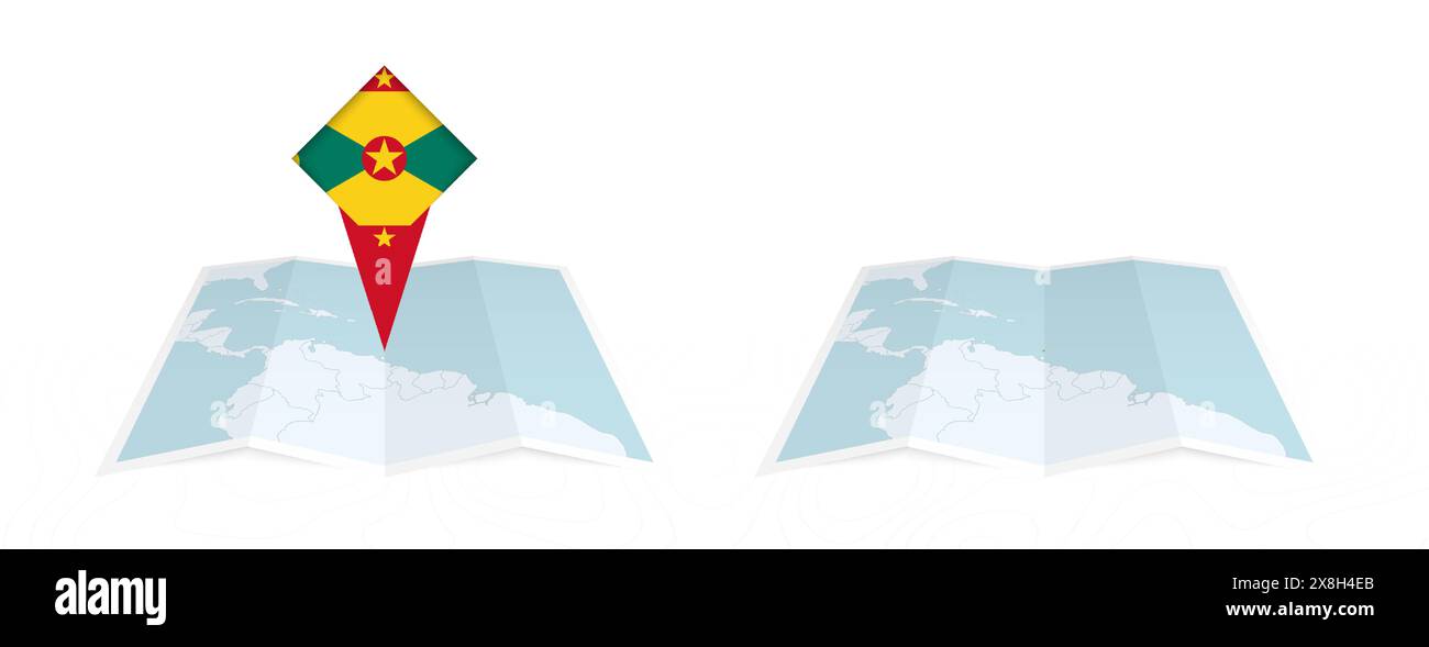 Two versions of an Grenada folded map, one with a pinned country flag ...