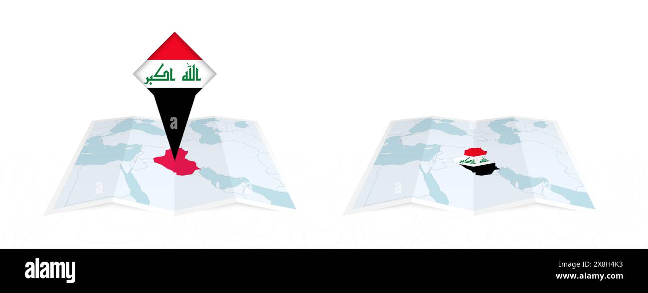 Two versions of an Iraq folded map, one with a pinned country flag and ...