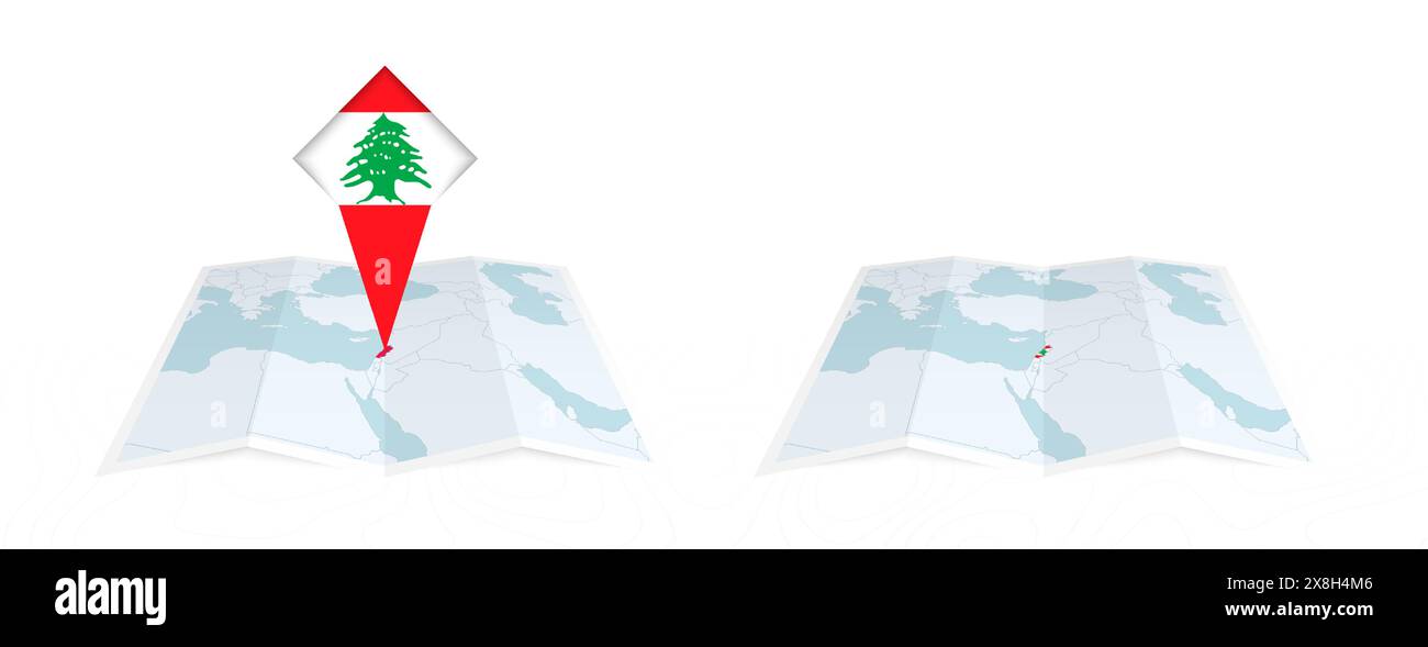 Two versions of an Lebanon folded map, one with a pinned country flag ...