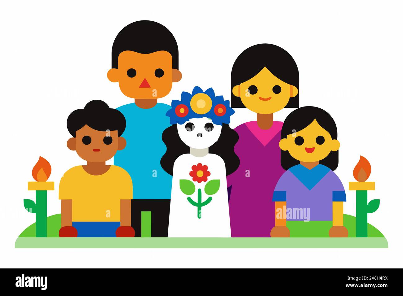 Family celebrating Day of the Dead with an altar and skull. Isolated on ...