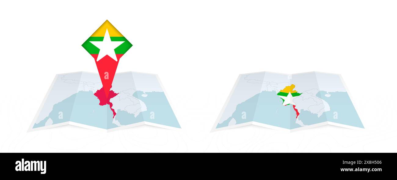 Two versions of an Myanmar folded map, one with a pinned country flag ...