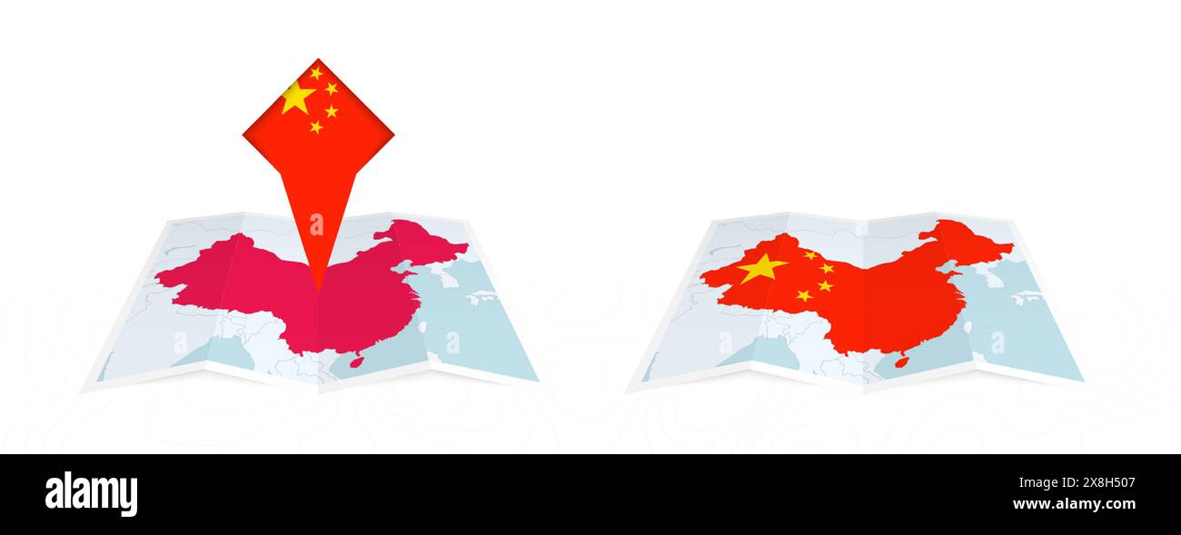 Two versions of an China folded map, one with a pinned country flag and ...