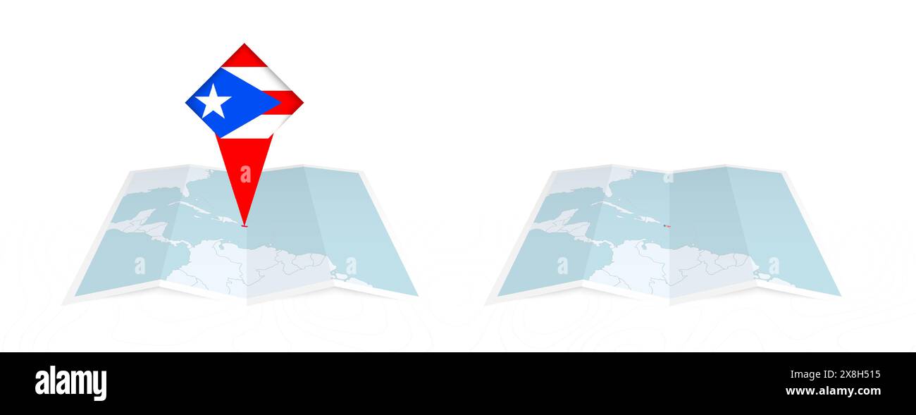 Two versions of an Puerto Rico folded map, one with a pinned country ...