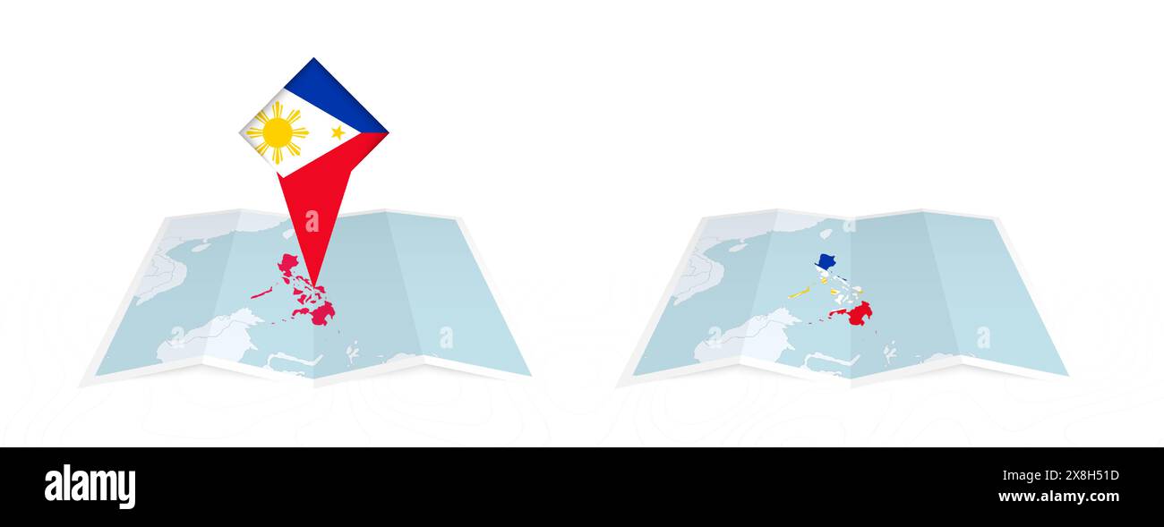 Two versions of an Philippines folded map, one with a pinned country ...