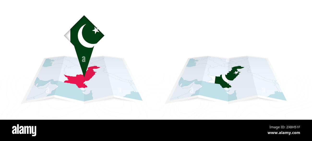 Two versions of an Pakistan folded map, one with a pinned country flag ...