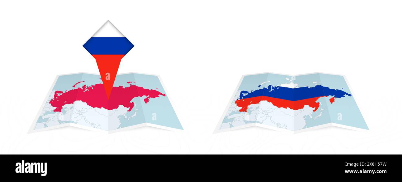 Two versions of an Russia folded map, one with a pinned country flag ...
