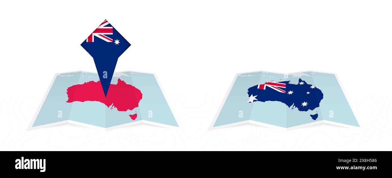 Two versions of an Australia folded map, one with a pinned country flag ...