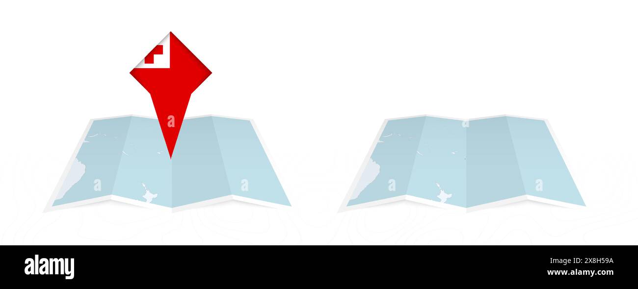 Two versions of an Tonga folded map, one with a pinned country flag and ...