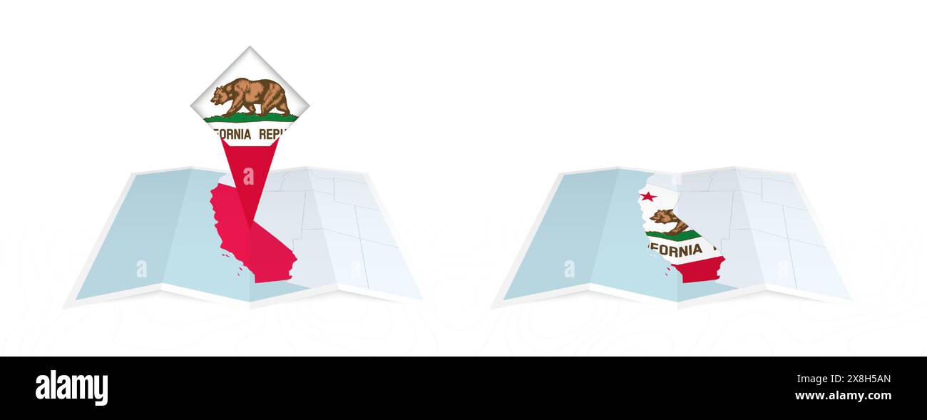 Two versions of an California folded map, one with a pinned country ...