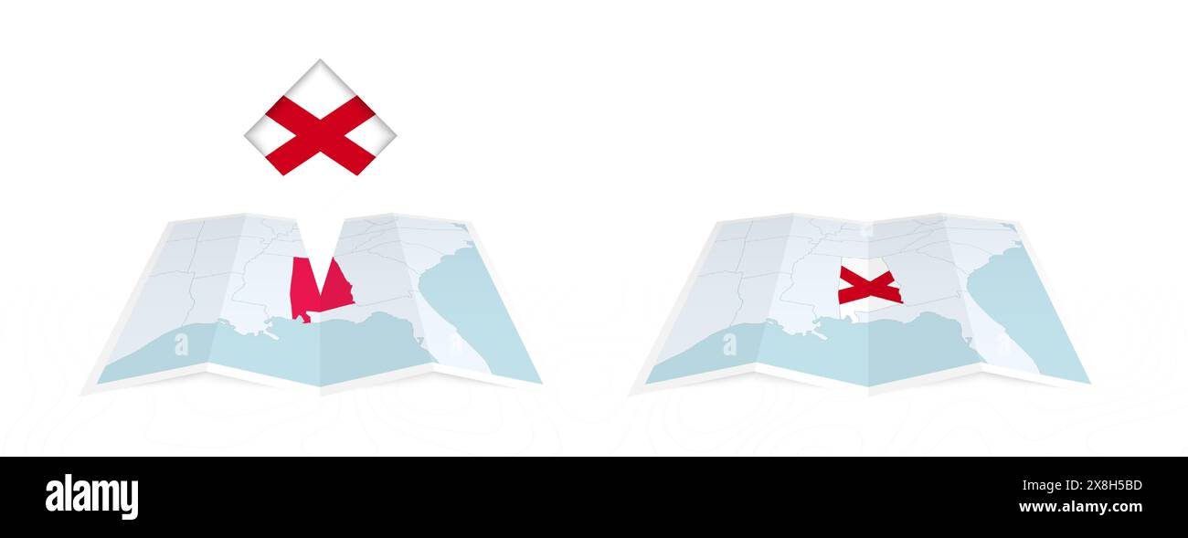 Two versions of an Alabama folded map, one with a pinned country flag ...