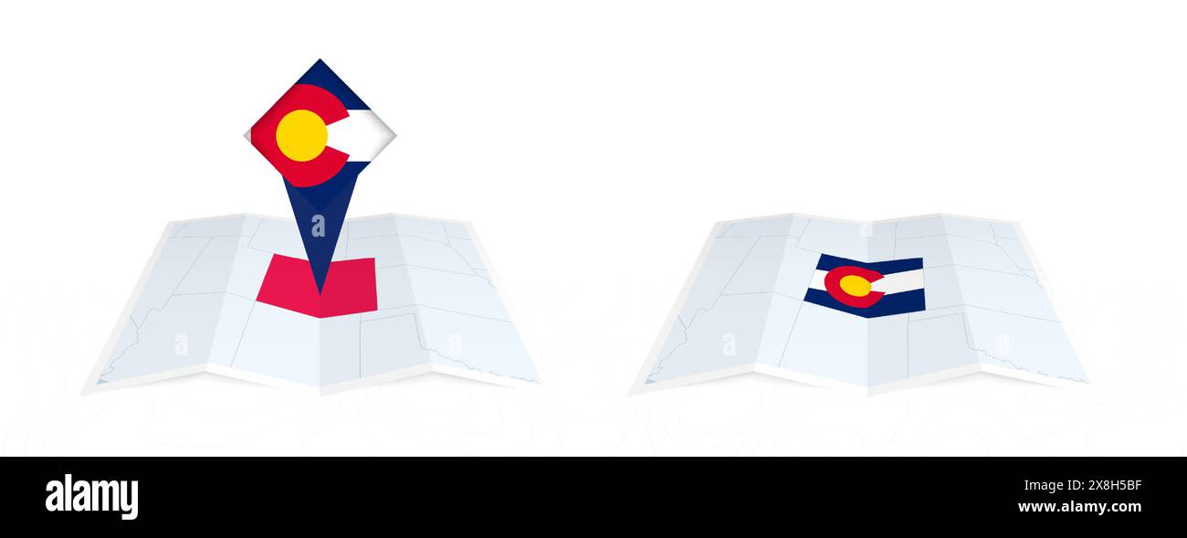 Two versions of an Colorado folded map, one with a pinned country flag ...