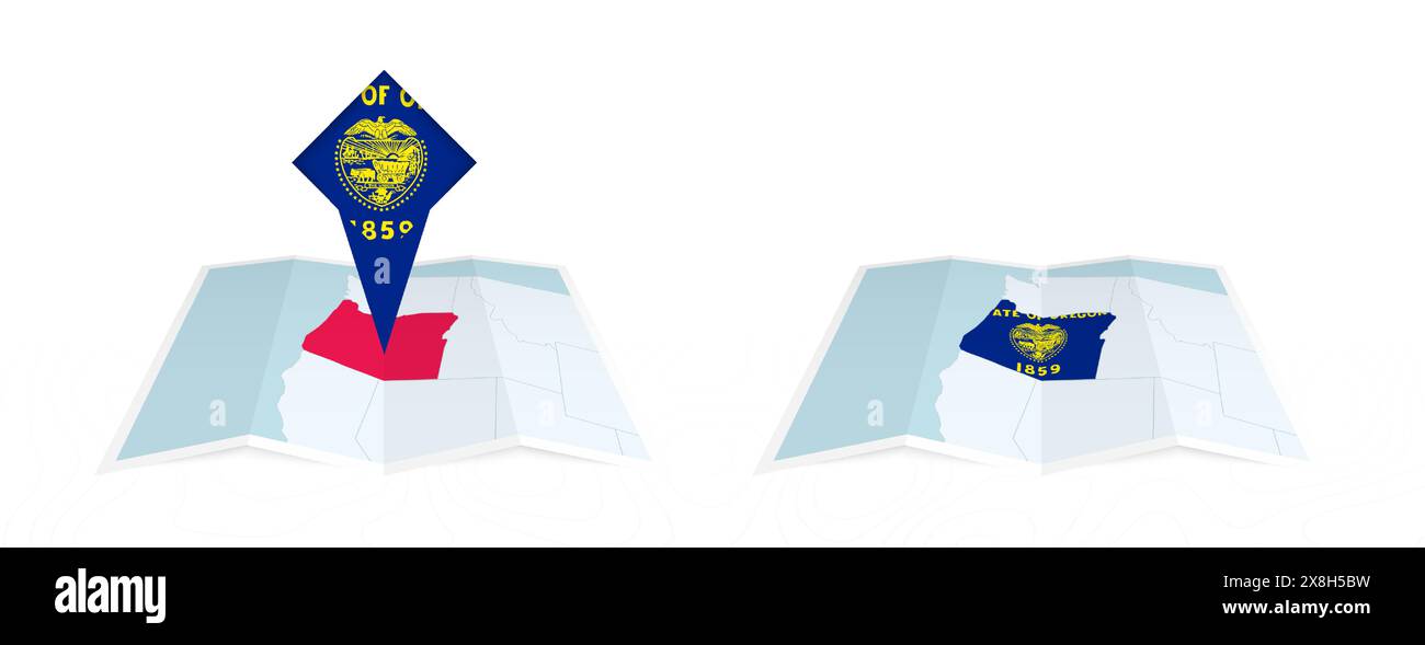 Two versions of an Oregon folded map, one with a pinned country flag ...