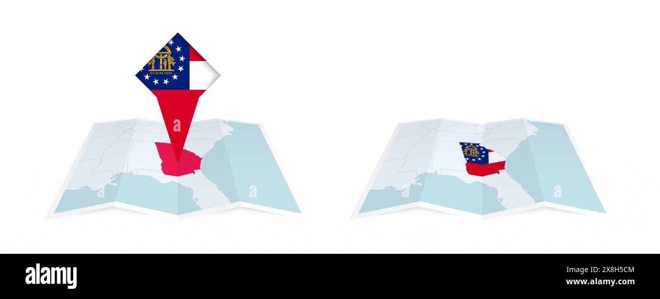 Two versions of an Georgia folded map, one with a pinned country flag ...