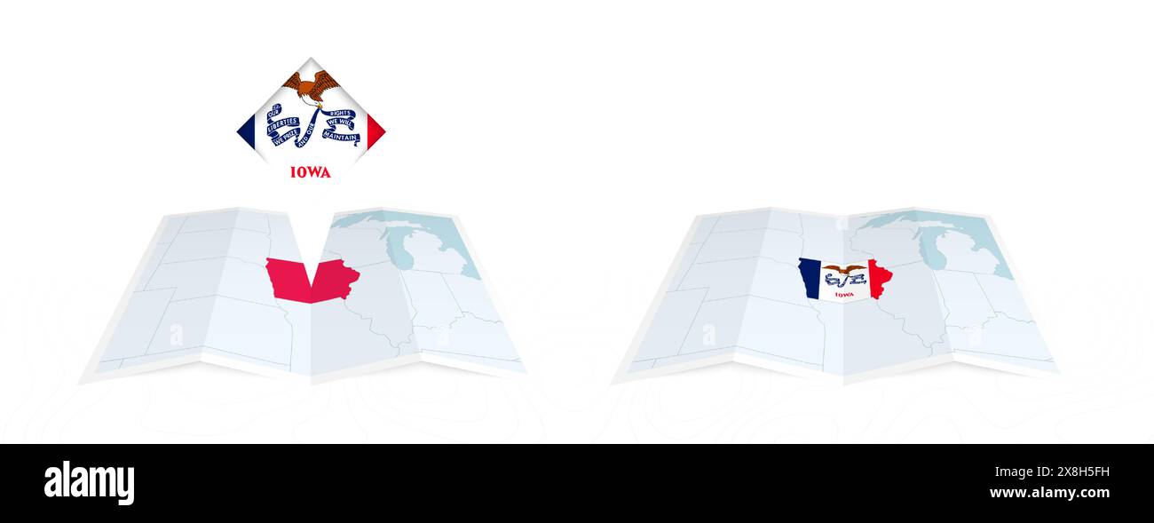Two versions of an Iowa folded map, one with a pinned country flag and ...
