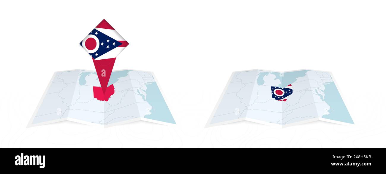 Two versions of an Ohio folded map, one with a pinned country flag and ...