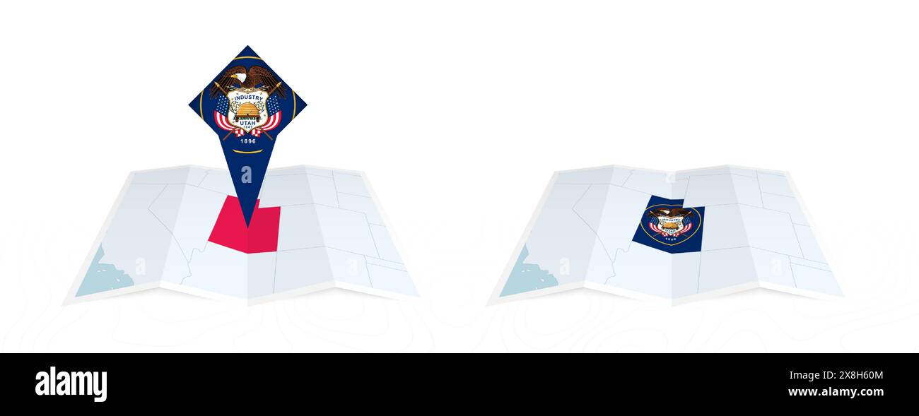 Two versions of an Utah folded map, one with a pinned country flag and ...