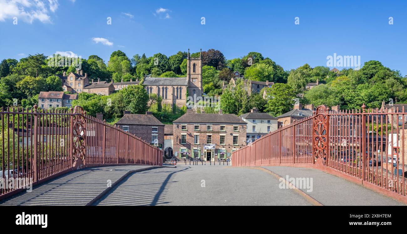 Panoramic view over the historic Iron Bridge towards the village centre ...