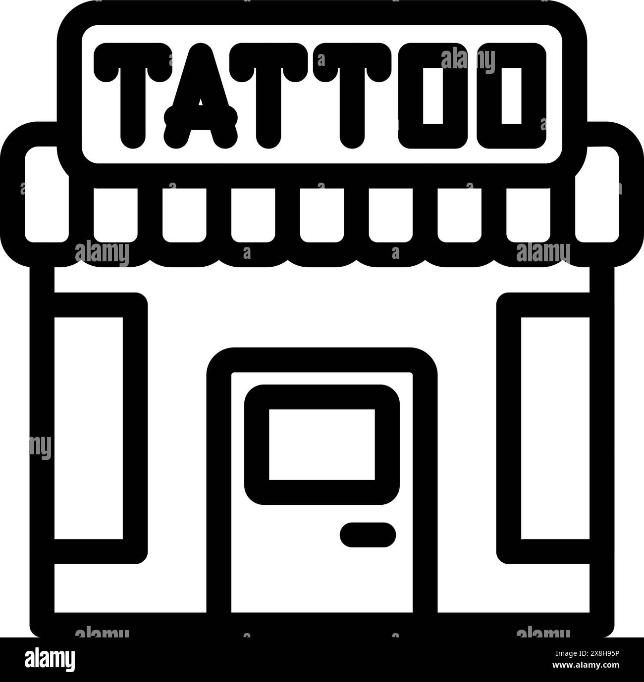 Simplistic line art icon of a tattoo parlor storefront in a bold black ...