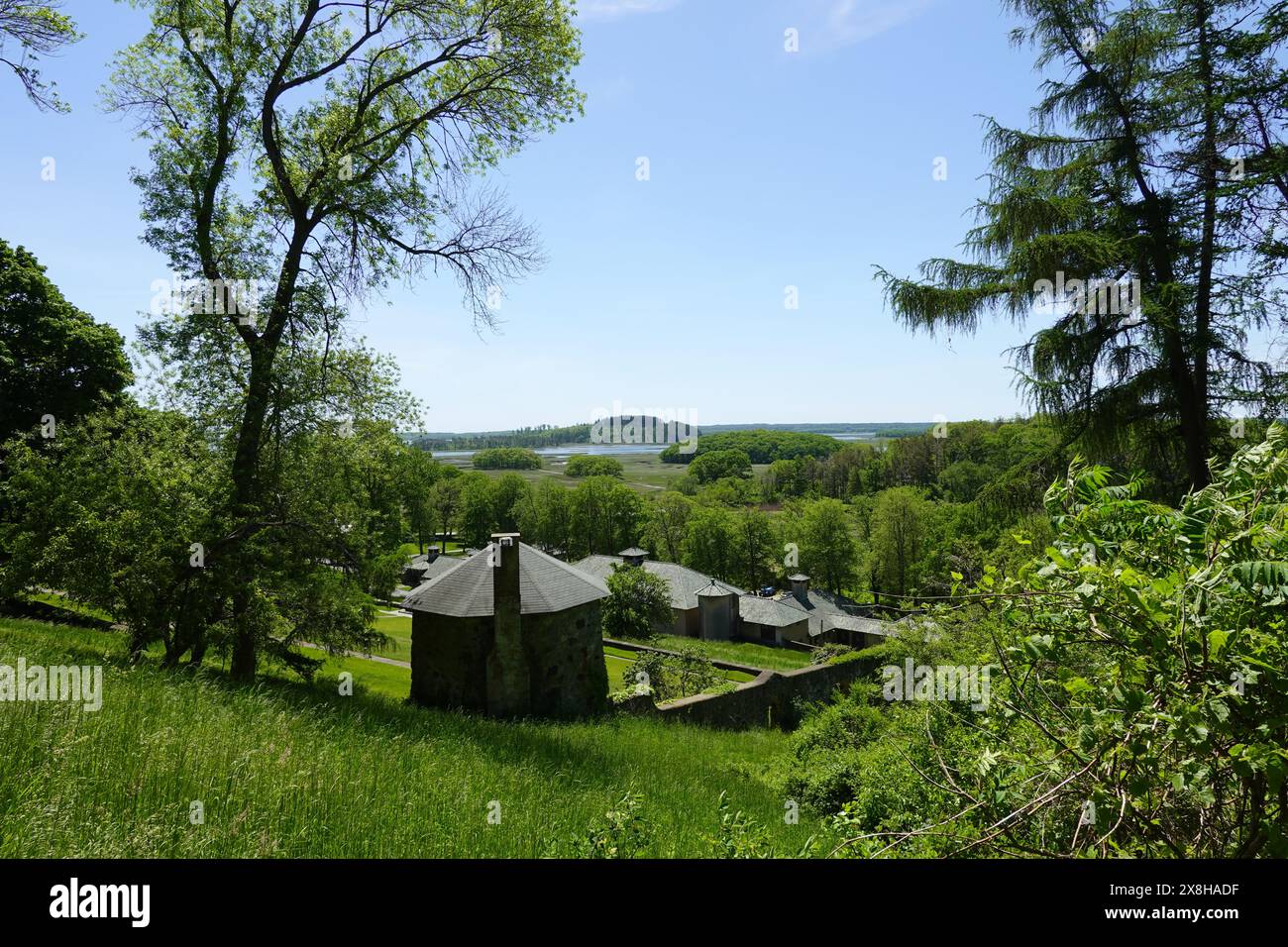Summer view from Castle Hill, Ipswich, Massachusetts. Choate Island is ...