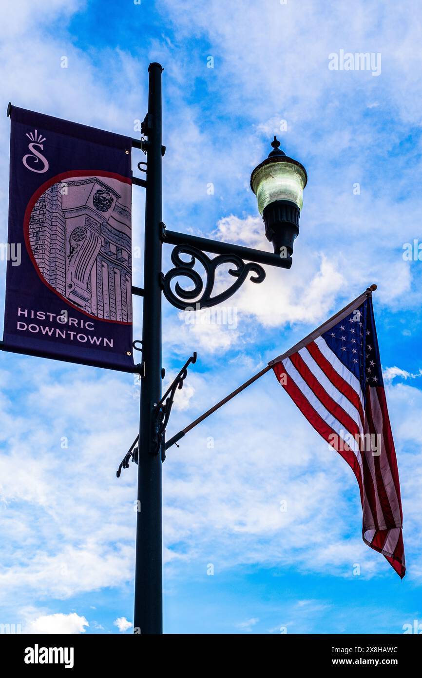 Street lamp with flag in historic downtown Staunton Virginia Stock ...
