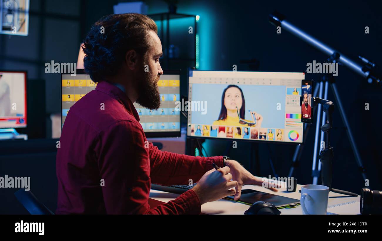 Content creator phot editor filming daily vlog in post production ...