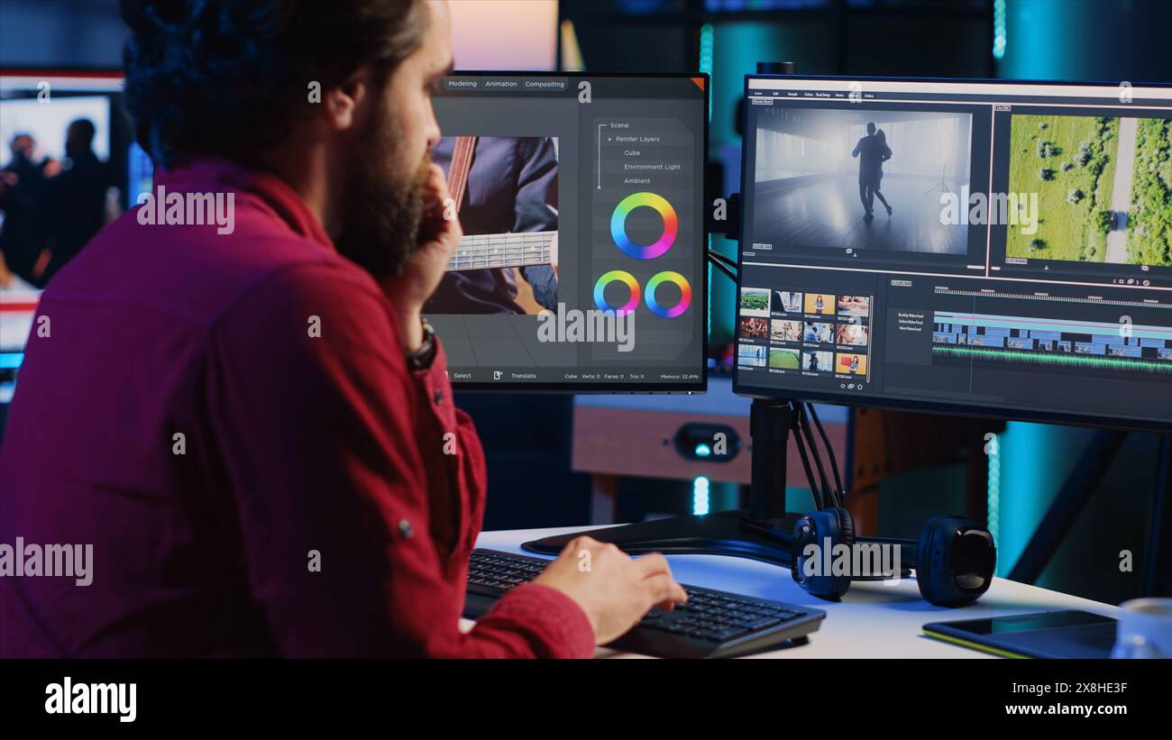 Professional video editor analyzing film montage before editing color ...