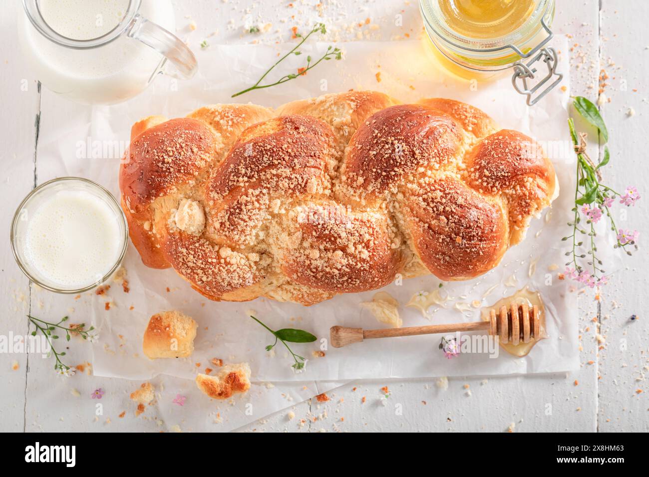 Delicious and fresh golden challah for a tasty breakfast. Freshly baked ...