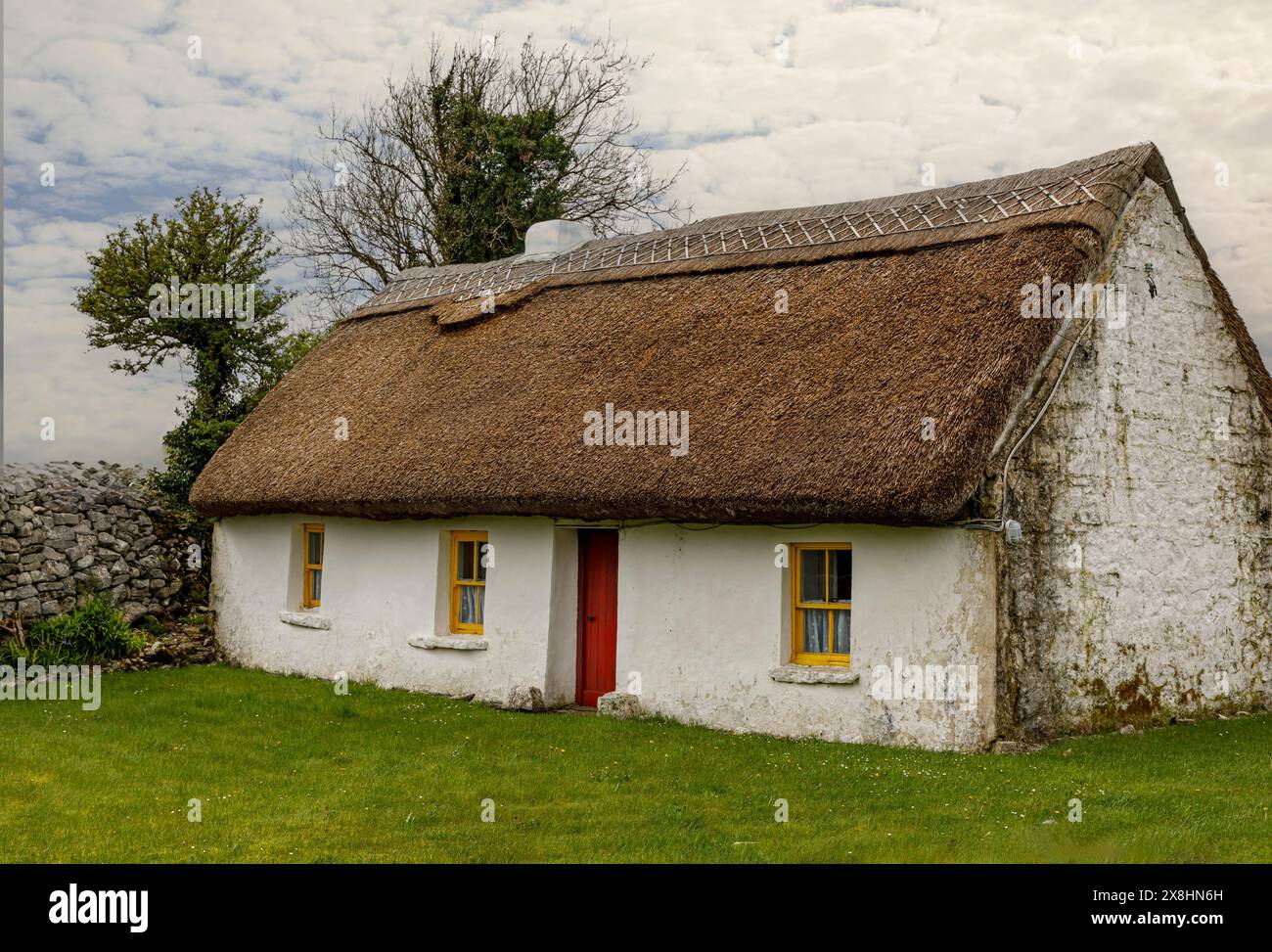 Traditional Irish cottage with a thatched roof and red painted front ...