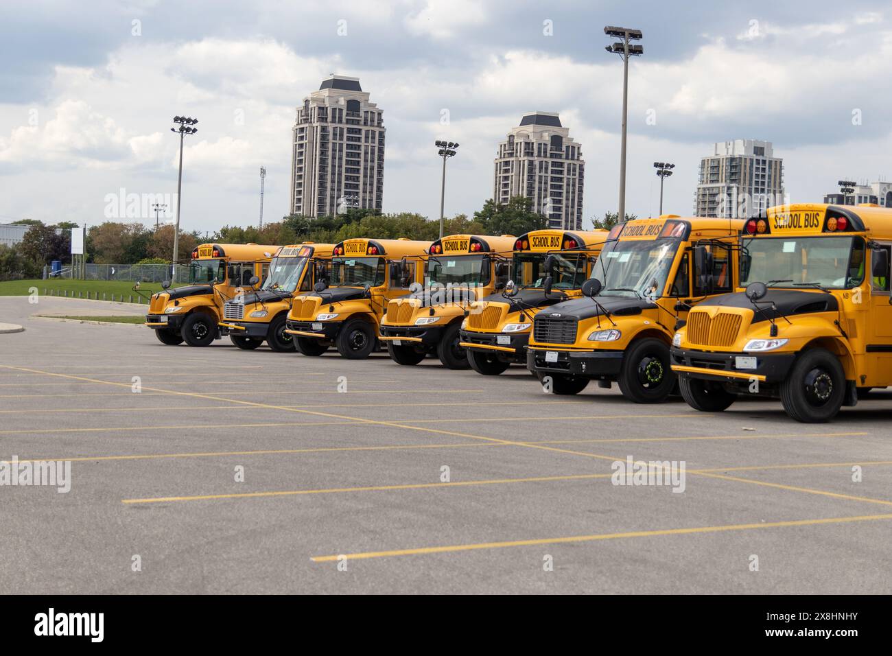 Yellow school buses lined up in empty parking lot - modern buildings ...