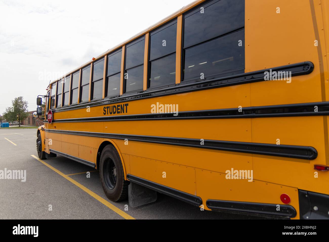 Bright yellow school bus parked in open area - clear sky above ...