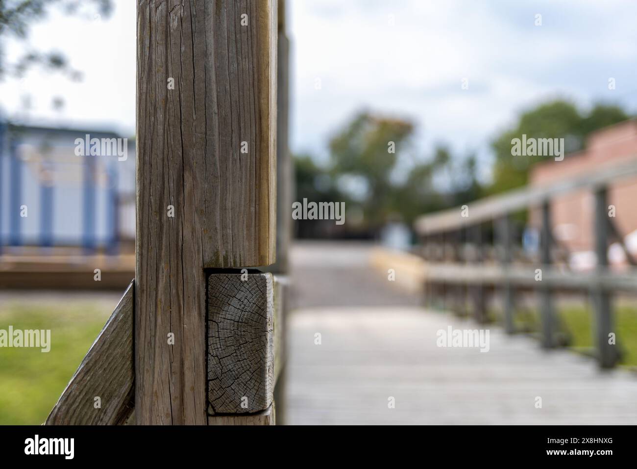 Close-up view - weathered wooden railing - detailed texture and grain ...