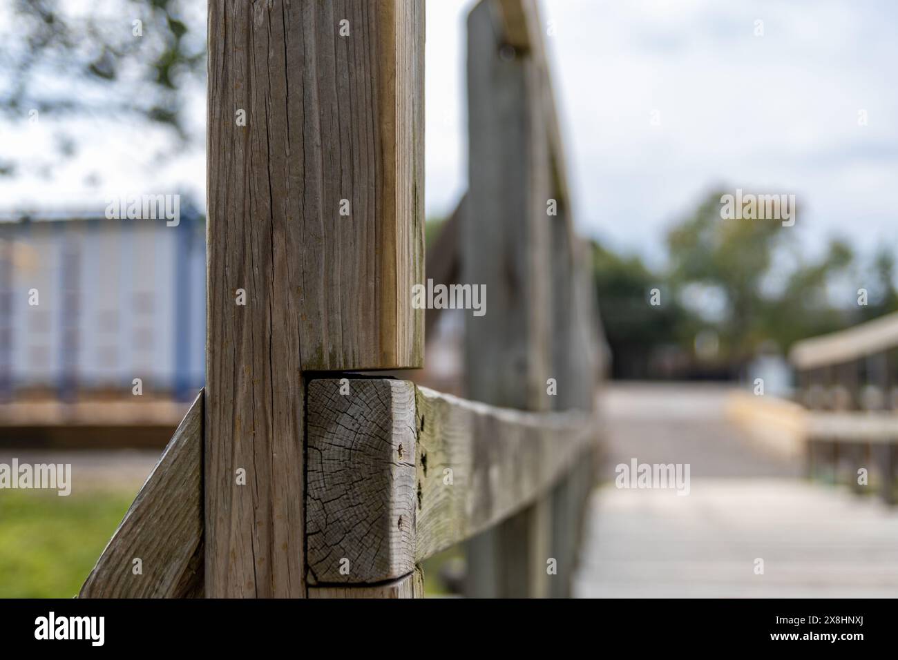 Close-up view - weathered wooden railing - detailed texture and grain ...