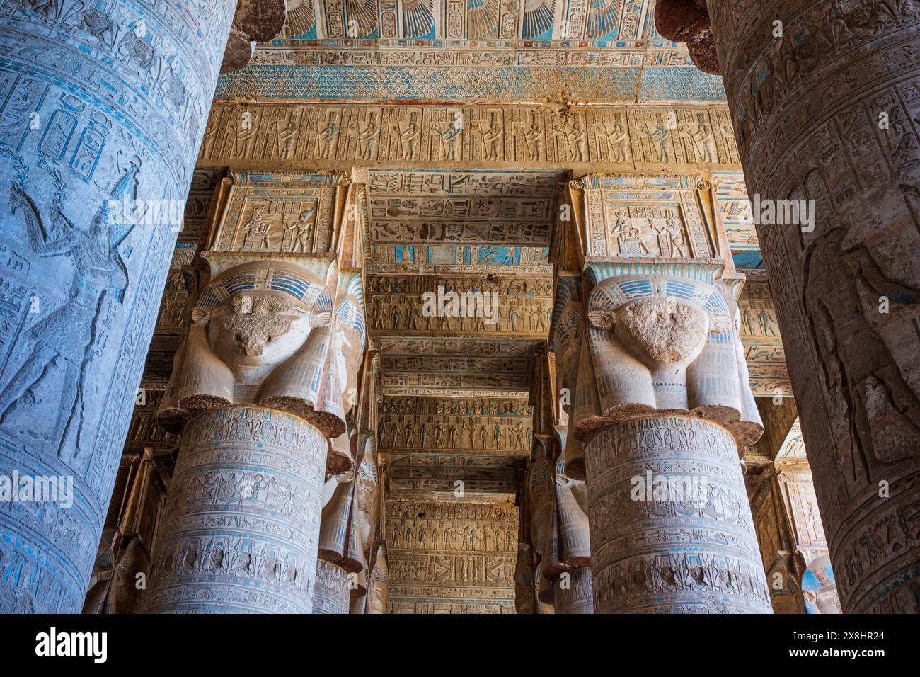 The ancient Egyptian Hypostyle Hall of the Temple of Hathor at the ...
