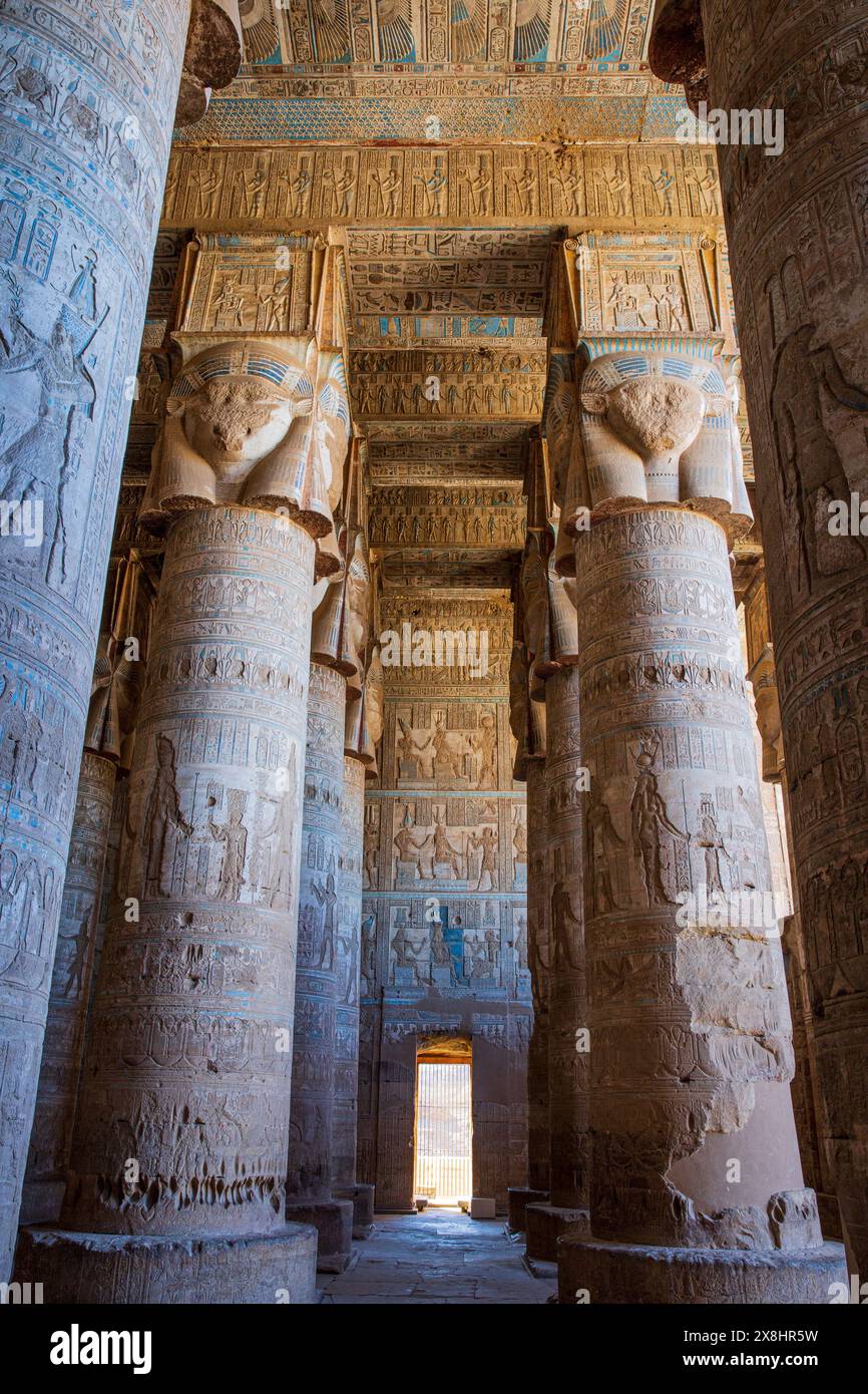 The ancient Egyptian Hypostyle Hall of the Temple of Hathor at the ...
