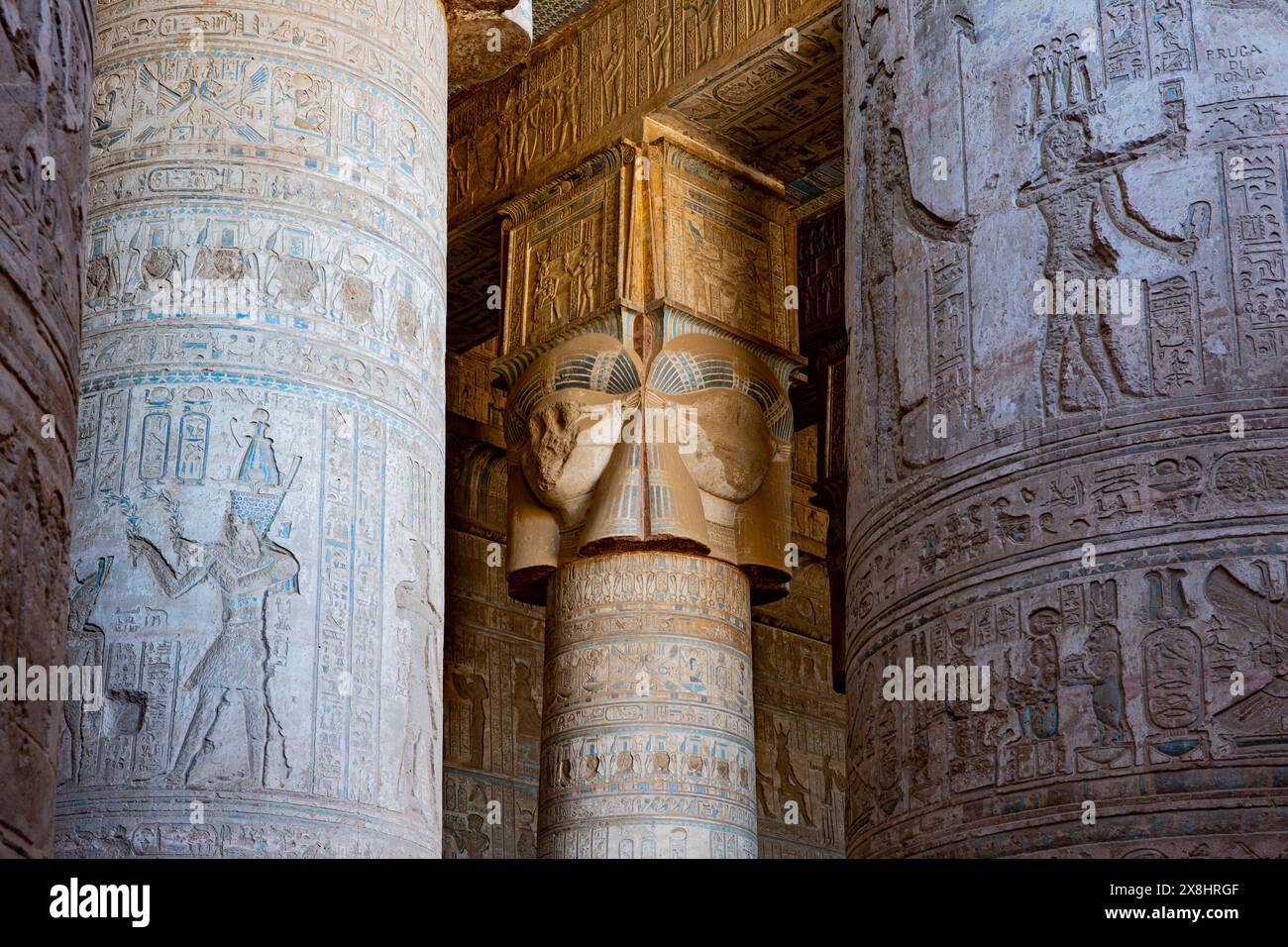 The ancient Egyptian Hypostyle Hall of the Temple of Hathor at the ...