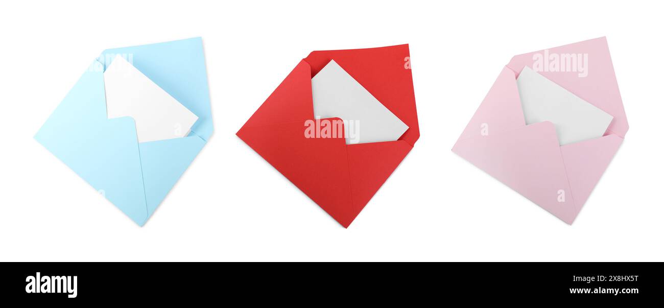 Set of letter envelopes with cards isolated on white, top view Stock ...